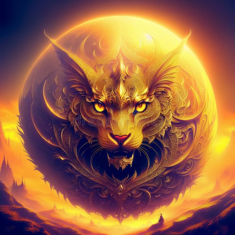 Golden Cat on Magical Background. Generative AI Stock Illustration ...