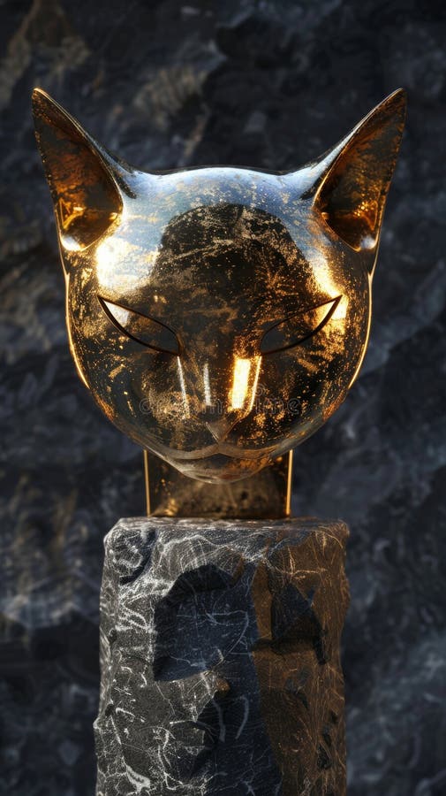 Golden Cat Statue on a Marble Pedestal Stock Photo - Image of feline ...