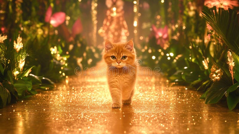 Golden Cat Strolls Down Glittering Enchanted Forest Pathway Stock Photo ...