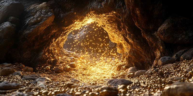 Golden Cave with Glowing Light Stock Illustration - Illustration of ...
