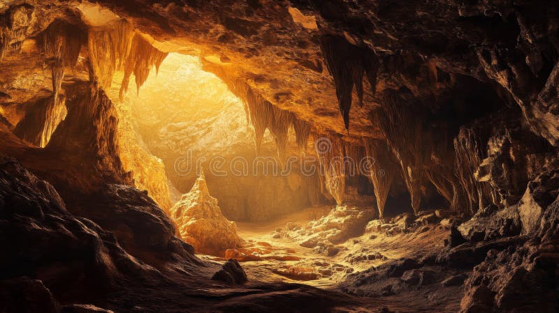Golden Cave Interior with Dramatic Lighting Stock Illustration ...
