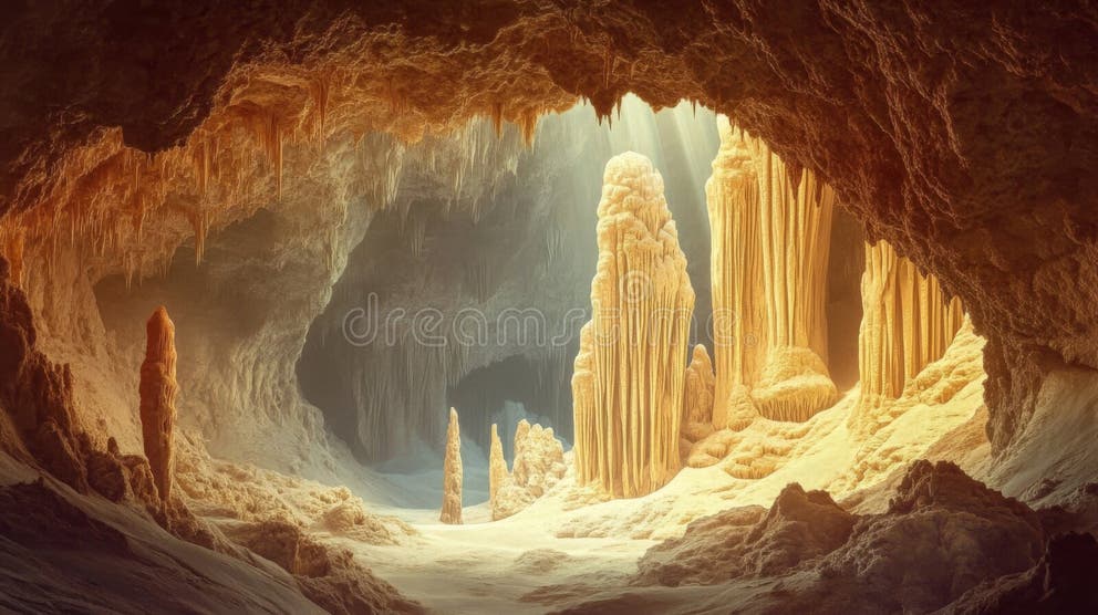 Golden Cave Interior with Tall Rock Formations Stock Illustration ...