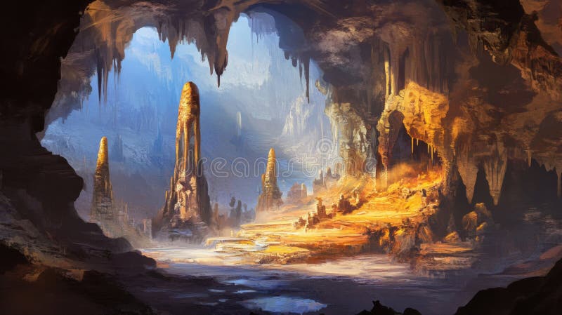 Golden Cave Landscape with Stone Pillars and Sunlight Stock ...