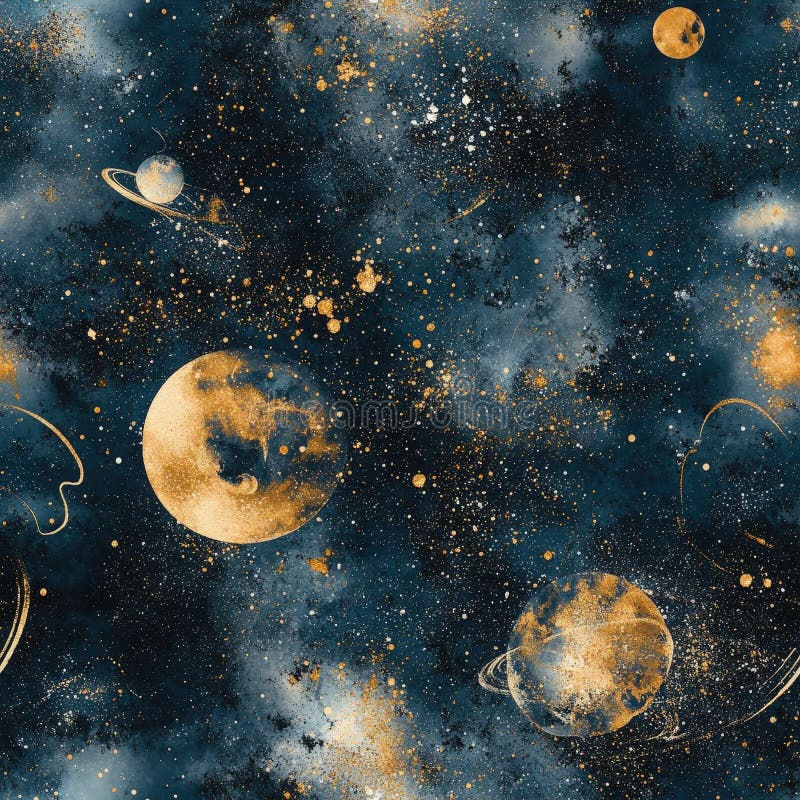 Golden Celestial Pattern with Planets and Stars Stock Photo - Image of ...