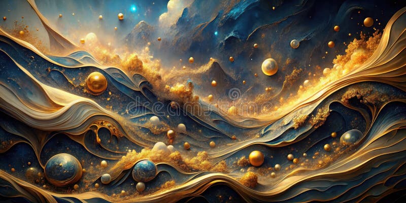 Golden Celestial Waves and Orbs an Abstract Dreamscape of Fluid Forms ...