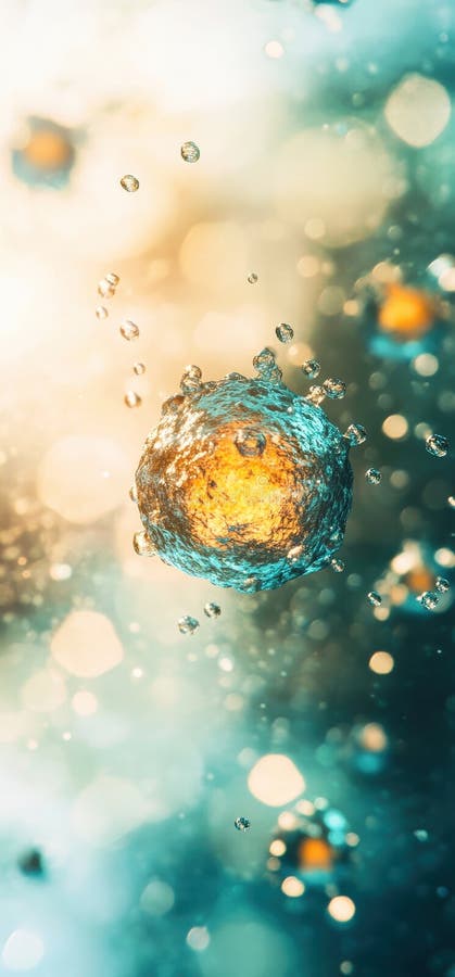 Golden Cell Structure Floating in Liquid with Bokeh Lights Stock ...