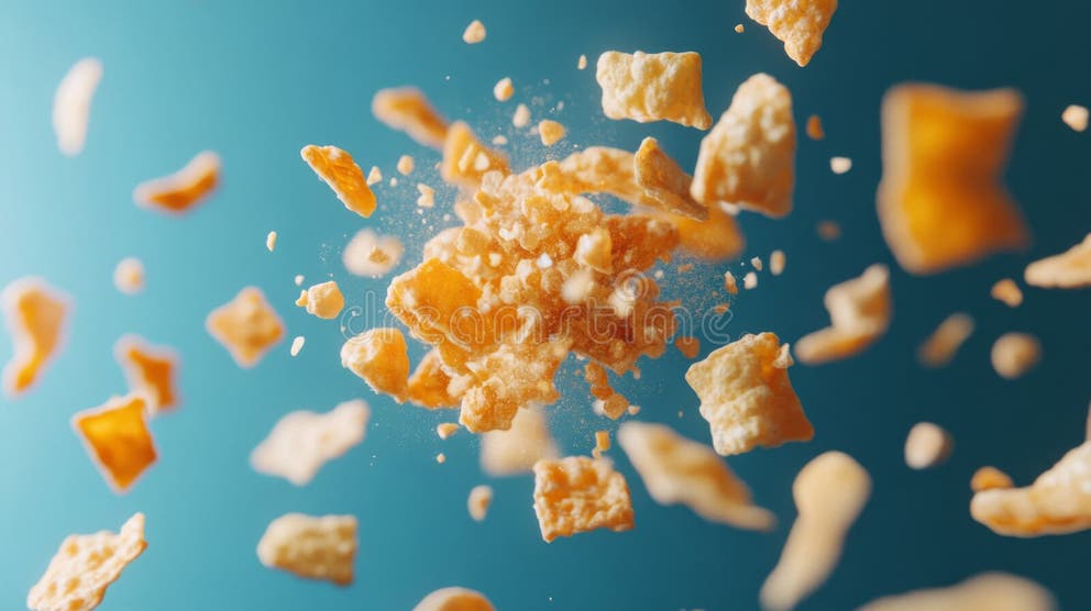 Golden Cereal Pieces Exploding Against a Blue Background Stock ...