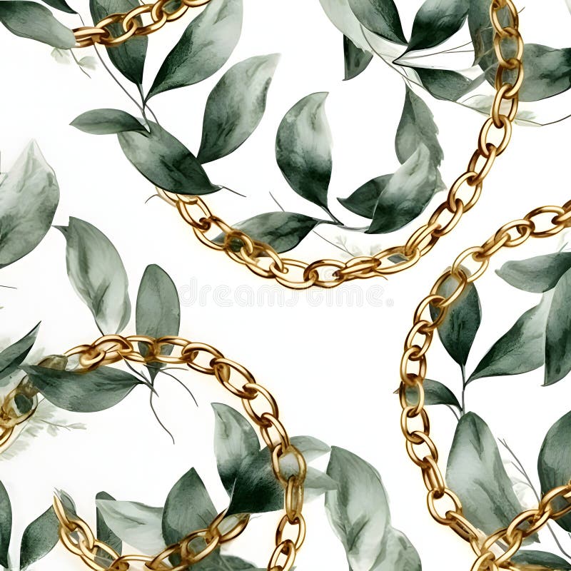 Golden Chain and Leaves Watercolor Seamless Pattern. Hand Drawn ...