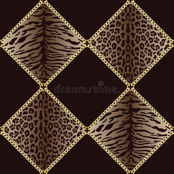 Golden Chains Seamless Pattern with Leopard and Tiger Prints. Stock ...