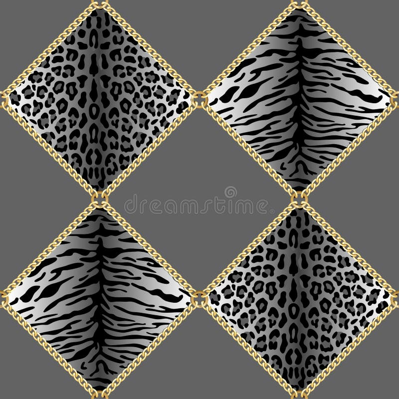 Golden Chains Seamless Pattern with Leopard and Tiger Prints. Stock ...