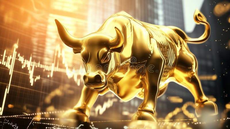 Golden Charging Bull Front View, Stock Market Graph Background Stock ...