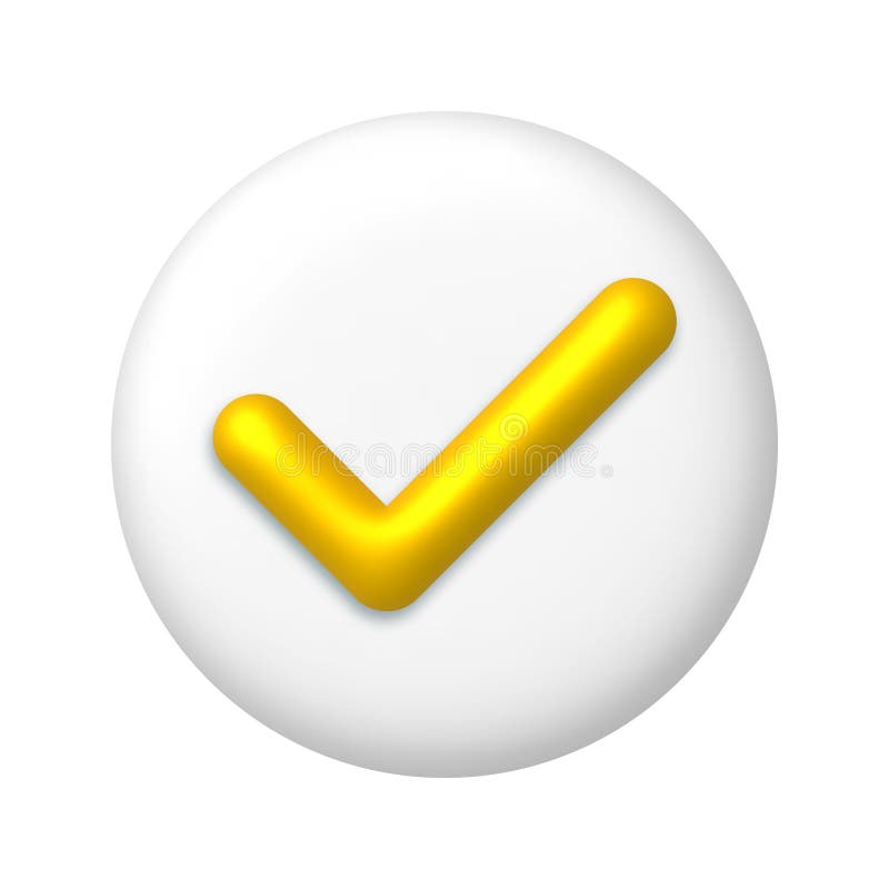 Golden Check Mark Icon on White Round Button. 3d Realistic Design ...