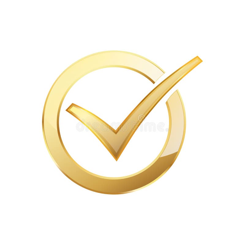 Golden Check-mark in Circle Isolated on White Background Stock ...
