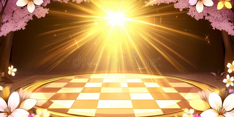 Golden Checkerboard Stage with Cherry Blossoms and Divine Light Stock ...