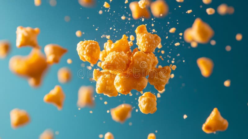 Golden Cheese Puffs Exploding Against Blue Background Stock ...