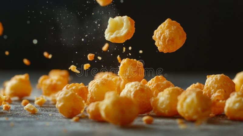 Golden Cheese Puffs Falling on Dark Surface Stock Illustration ...