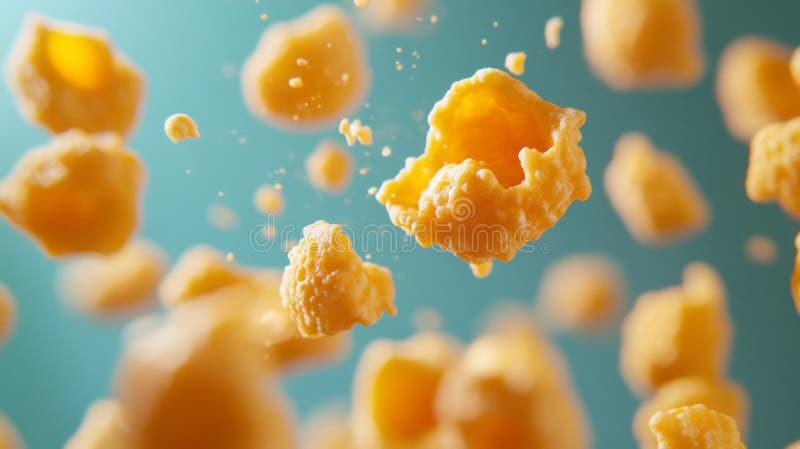 Golden Cheese Puffs Flying Against Teal Background Stock Illustration ...