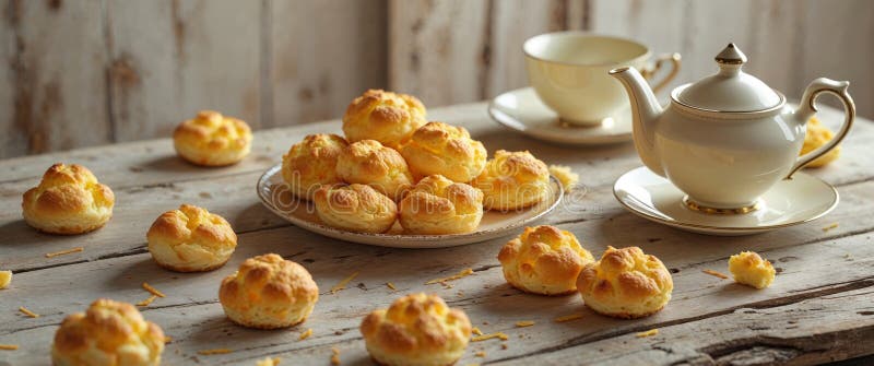 Golden Cheese Puffs on Rustic Wooden Table with Tea Set. Stock Image ...