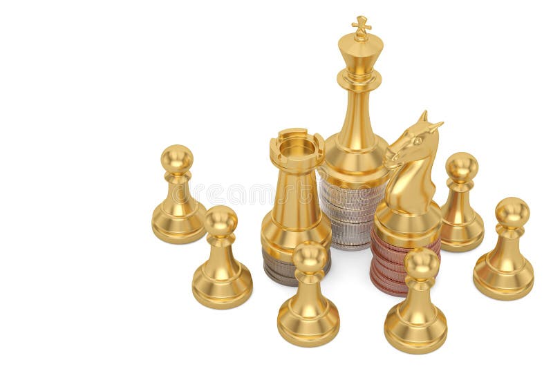 Golden Chess and Coin Stacks Isolated on White Background 3D ...