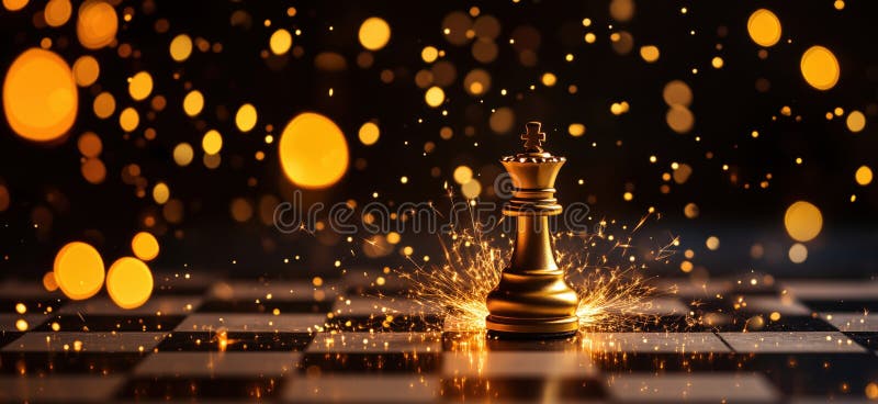 Golden Chess King Piece Surrounded by Sparkling Lights on Chessboard ...