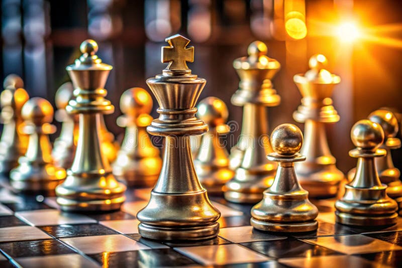 Golden Chess Pieces Arranged on a Polished Chessboard with Glowing ...