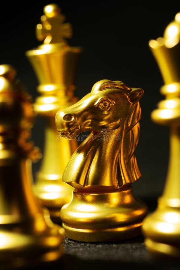 Golden Chess Pieces on a Black Background Knight Close-up Stock Photo ...