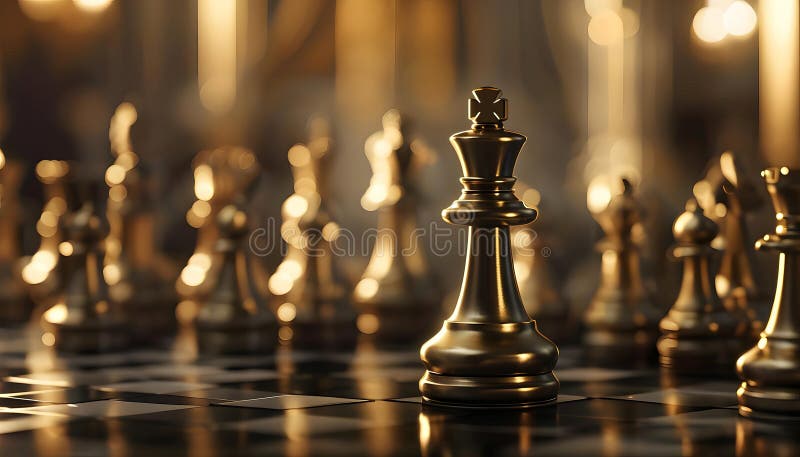Golden Chess Pieces with King in Focus, Warm Lighting, Symbolizes ...