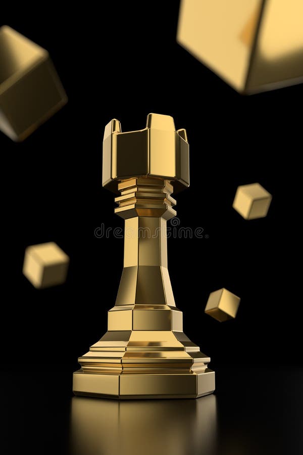 Golden Chess Rook Piece on Black Background with Cubes - 3D ...