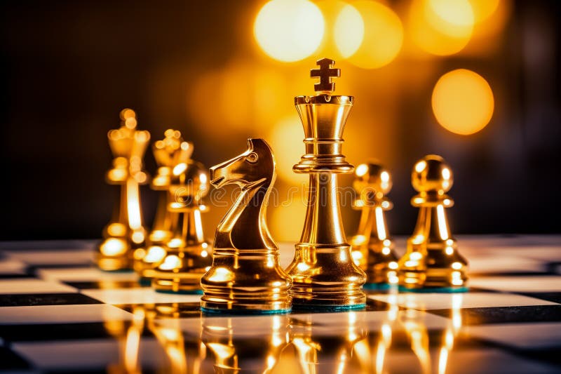 Golden Chess Set on Checkered Board with Blurry Background Stock ...