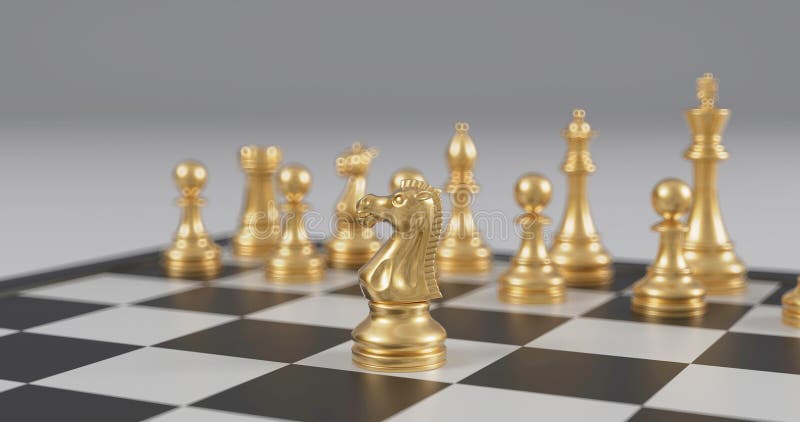 A Golden Chess Set on a Checkered Board with a White Background and a ...