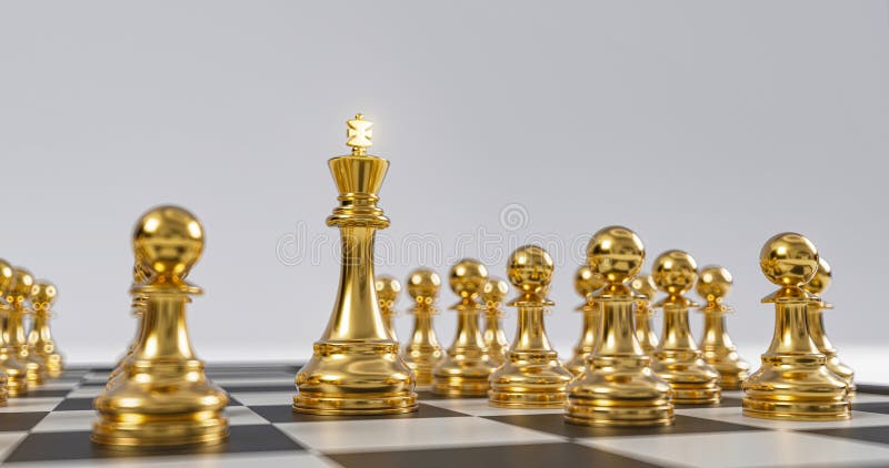 A Golden Chess Set on a Checkered Board, 3d Render Stock Illustration ...