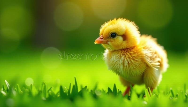 Golden Chick Peeping, Lush Green Lawn, Close Up, Soft, Texture Stock ...