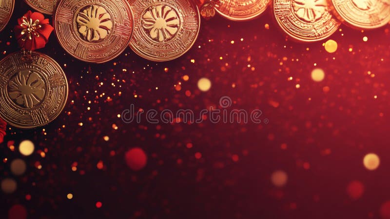 Golden Chinese Coins and Red Decorations on Red Background Stock ...