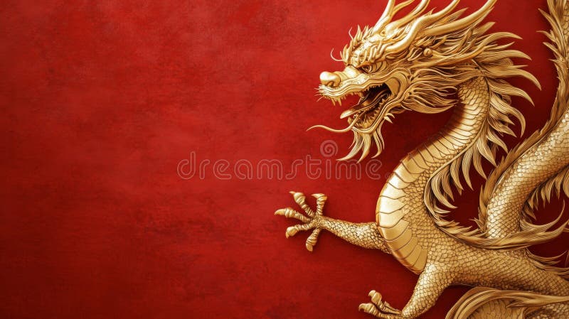 Golden Chinese Dragon on Red Background Stock Illustration ...