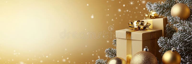Golden Christmas Background. Christmas Gift Boxes with Decorations on ...