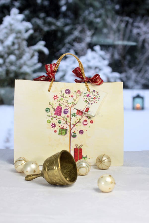 Golden Christmas Bell, Balls and Gift Bag Stock Photo - Image of ...