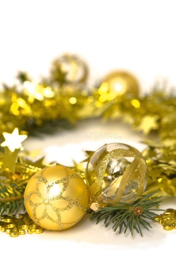 Golden Christmas Decorations Stock Photo - Image of isolated, branch ...