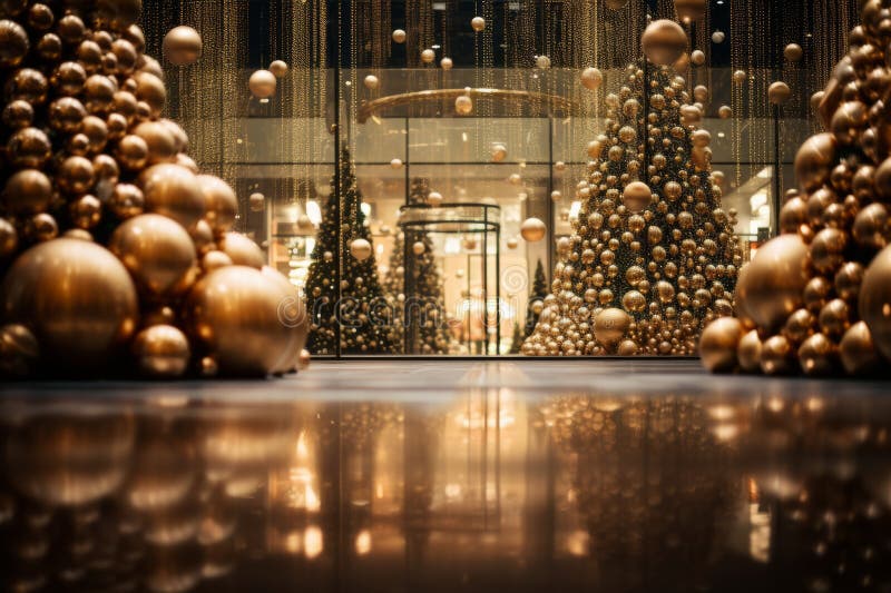 Golden Christmas Decorations in the Lobby of a Building Stock ...