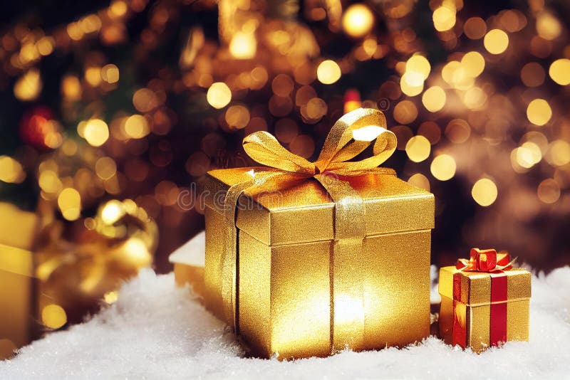 Golden Christmas Gift Box and Bokeh Lights Stock Illustration ...