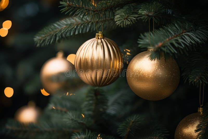 Golden Christmas Ornaments on a Christmas Tree Stock Illustration ...