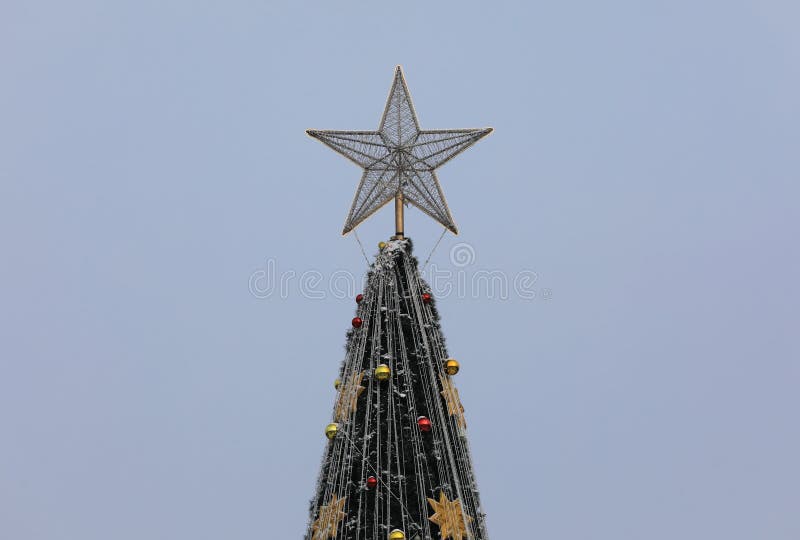 Golden Christmas Star on Top of Tree Stock Photo - Image of beautiful ...