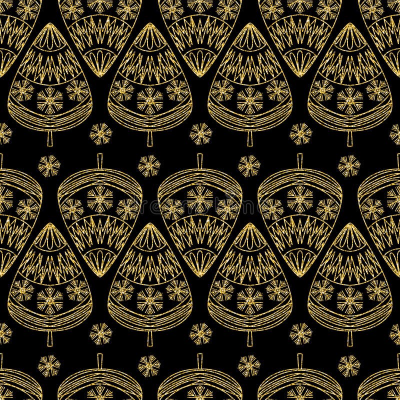 Golden Christmas Tree Festive Seamless Pattern Black Golden Shimmer ...