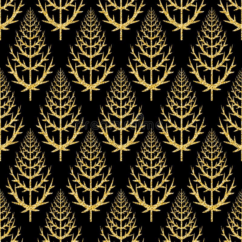 Golden Christmas Tree Festive Seamless Pattern Black Golden Shimmer ...