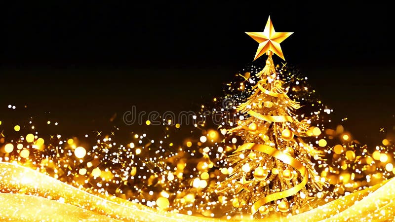 Golden Christmas Tree with Star Topper and Sparkling Decorations in ...