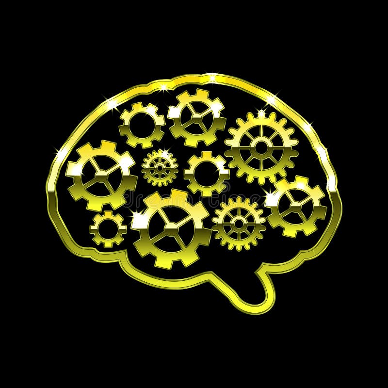 Golden Chrome Brain with Gears. Think Design Over Black Background ...