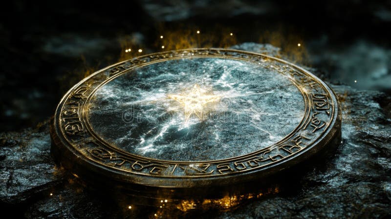 Golden Circle with Ancient Runes Glowing Mysteriously on Stone Surface ...