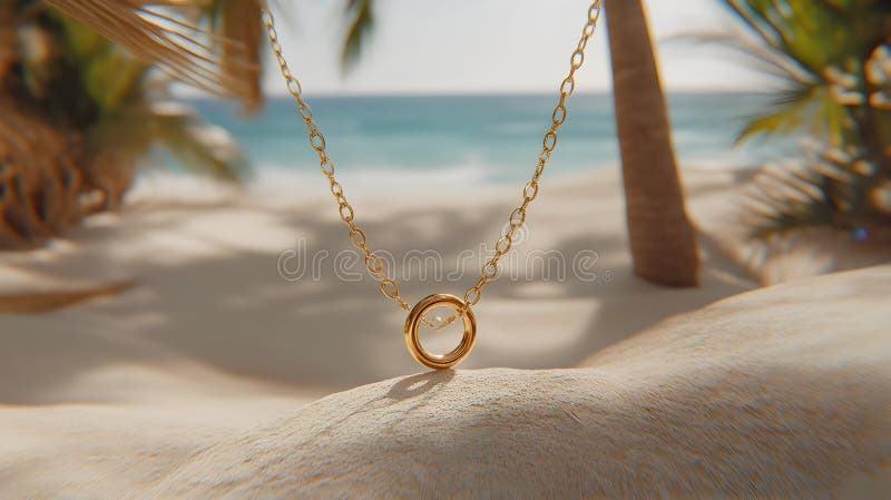 Golden Circle Necklace on Sandy Beach 3D Illustration Stock ...
