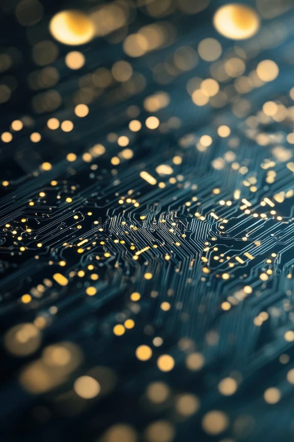 Golden Circuit Board Background with Abstract Tech Patterns and Glowing ...