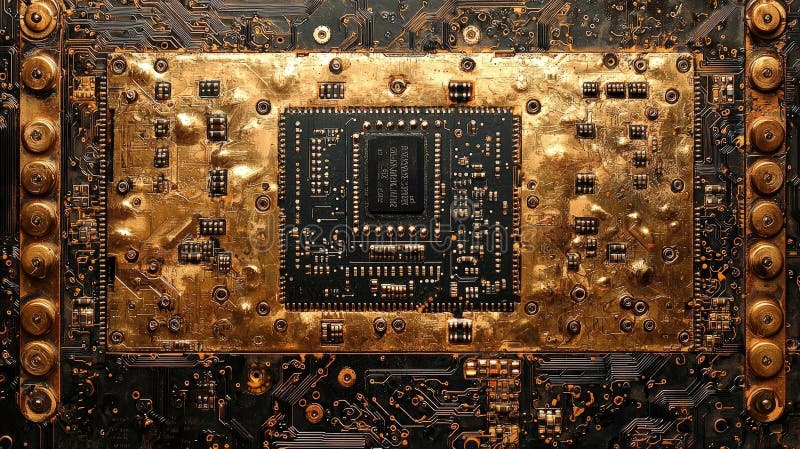 Golden Circuit Board with Integrated Chips and Complex Wiring Pattern ...