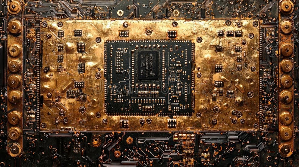 Golden Circuit Board with Integrated Chips and Complex Wiring Pattern ...